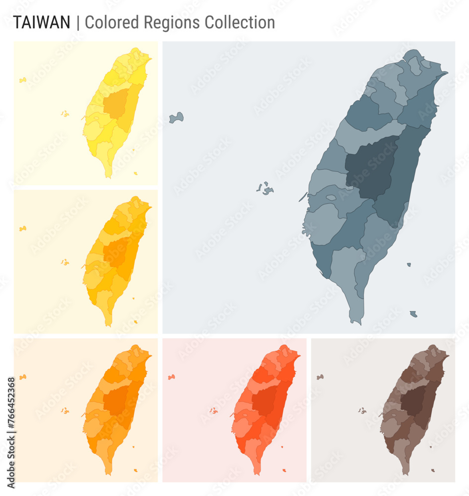 Taiwan map collection. Country shape with colored regions. Blue Grey ...