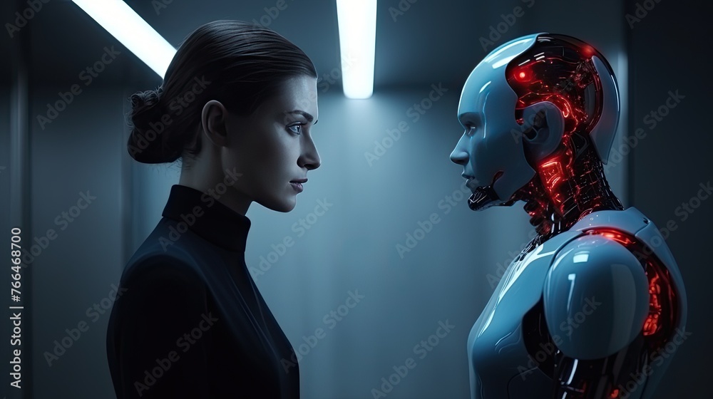 Couple in love: a man and a futuristic android robot. Technological sci ...