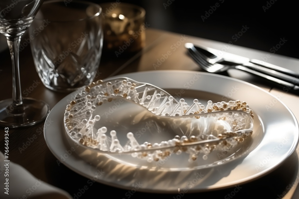 Genetically modified DNA and genes depicted on a plate, fork, and knife ...