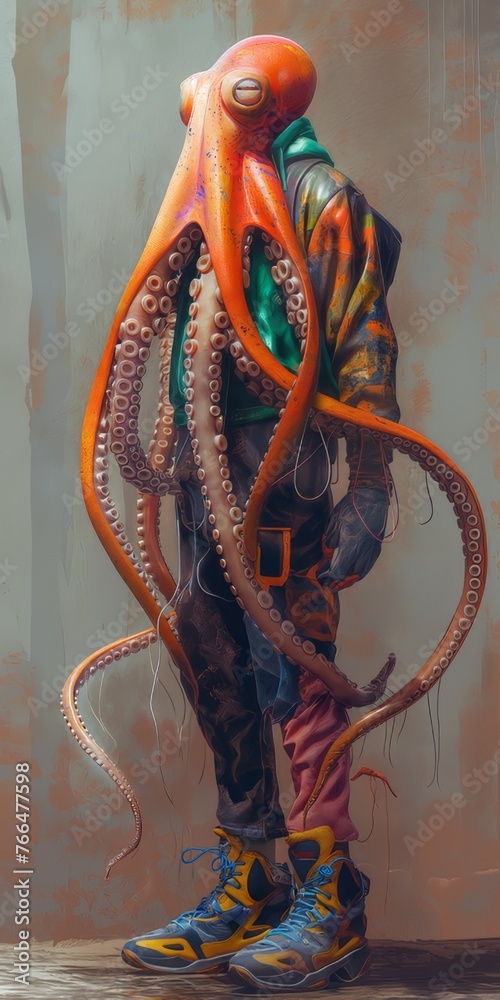 Giant octopus, a marine animal in modern clothes. Anthropomorphic ...