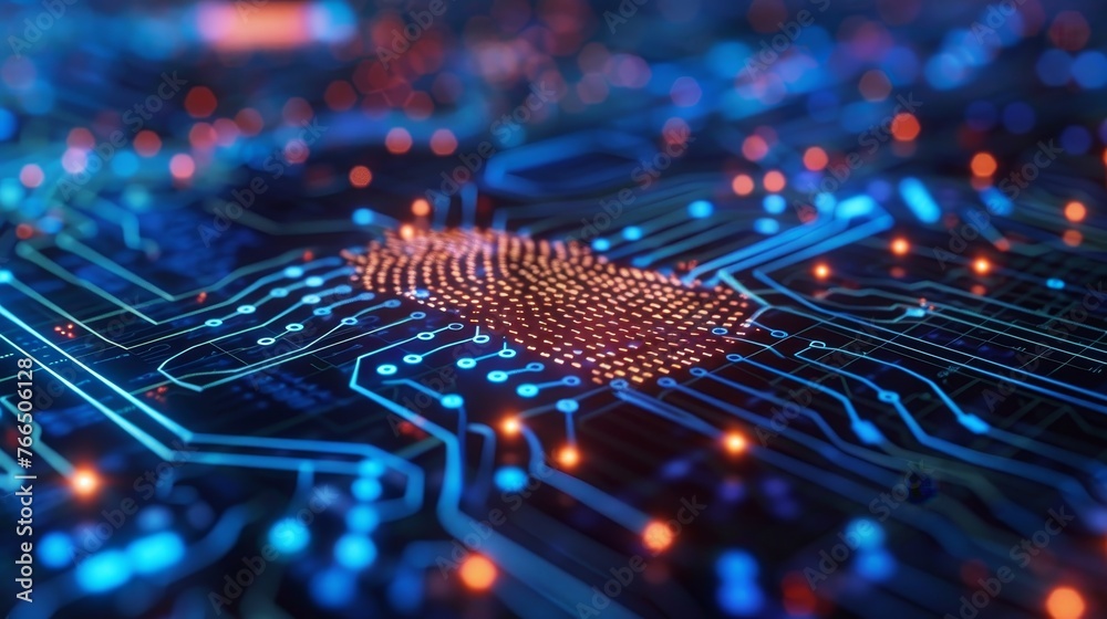 An electronic circuit displays a glowing digital fingerprint ...