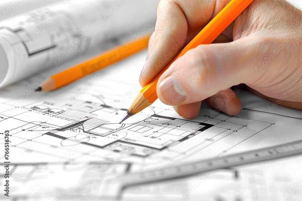 architect, engineer hand writing to blueprint on desk in meeting room ...