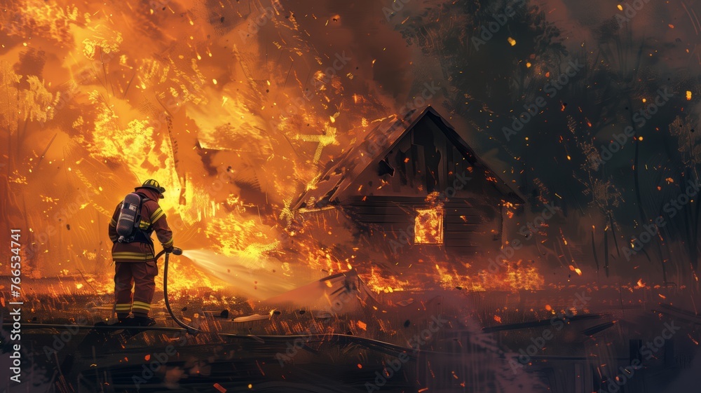 Firefighter extinguishing a fire in a burning house using a water foam ...