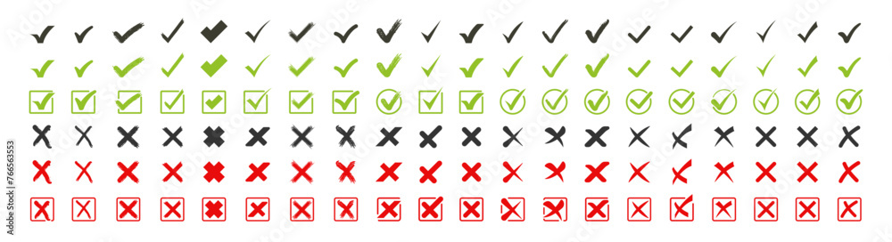Green check mark and red cross icon set, circle and square. Tick symbol in green color. Hand ...