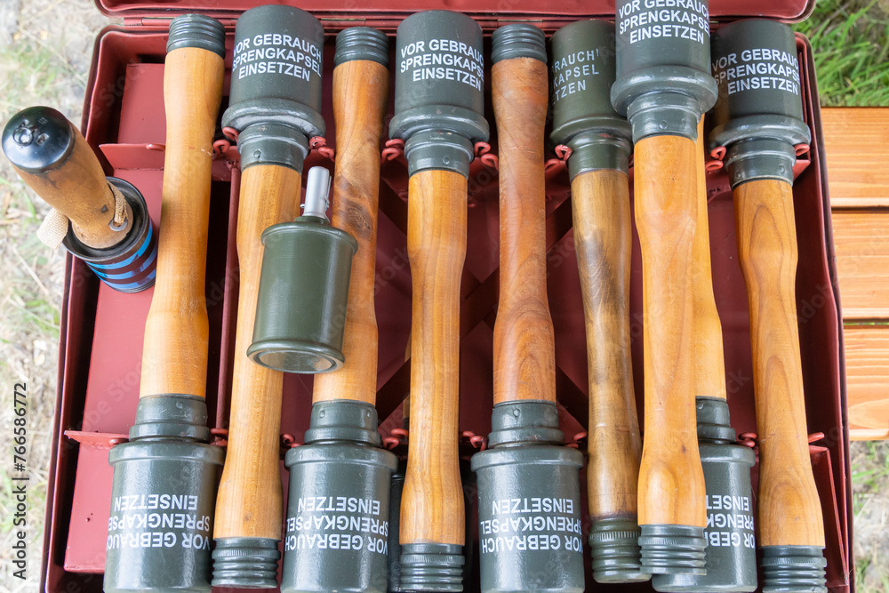 German WW2 wooden handle hand grenades in an ammunition box 素材庫相片 | Adobe Stock
