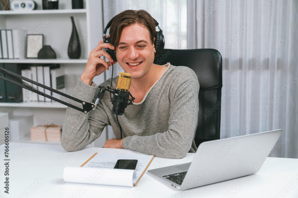 Host channel in smiling smart broadcaster recording, talking show with ...