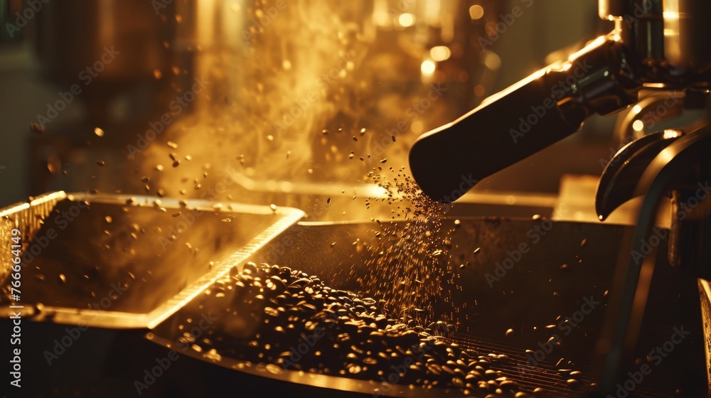 Roastery Aesthetics Cinematic shots of coffee beans being roasted in ...