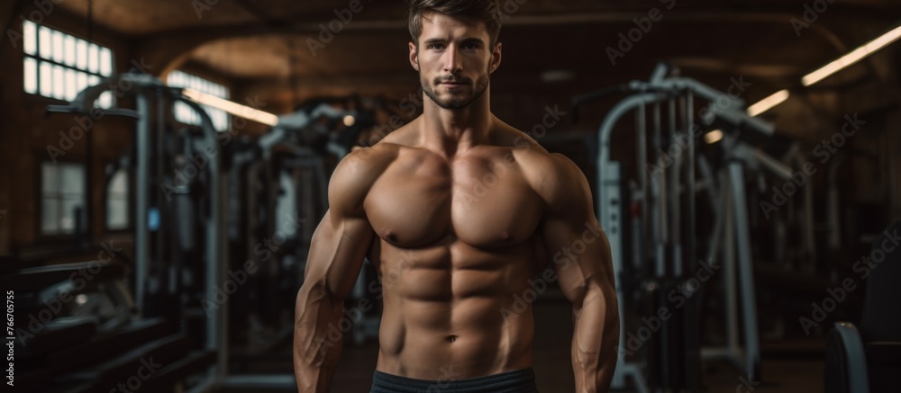 Photo Stock A bodybuilder with a muscular chest, toned abdomen, and ...