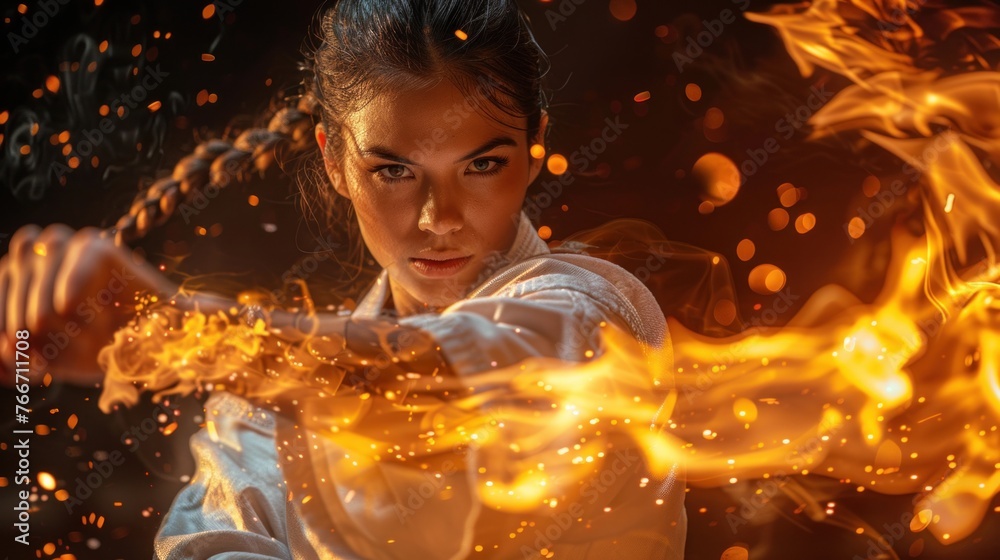 Woman practicing Taekwondo with hight spin kick and Lightning effect ...