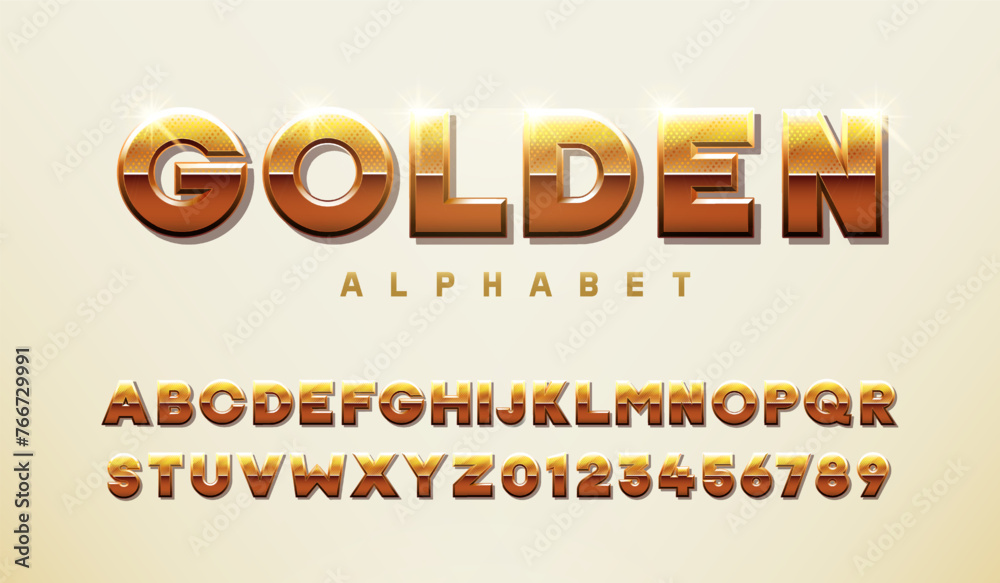 Golden 3d font alphabet and numbers set with Shiny Metallic Finish ...