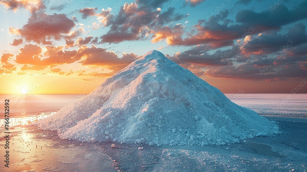 Sea salt farm. Pile of white salt. Raw material of salt industrial ...