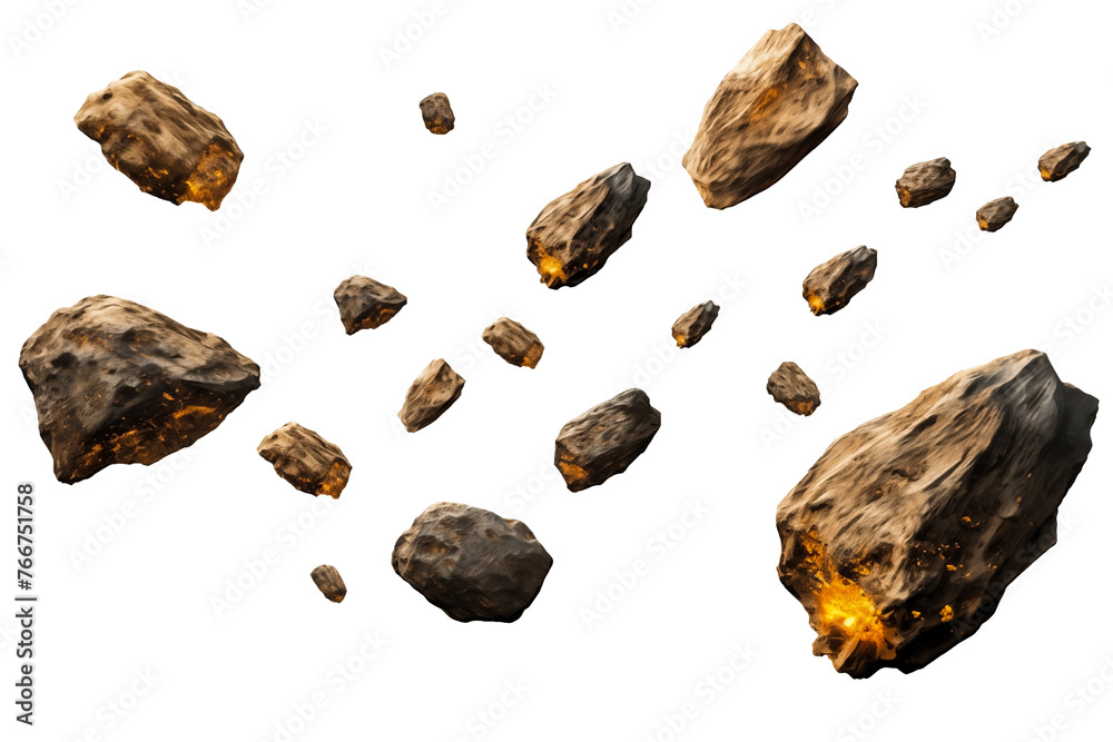 Falling group of Asteroids PNG meteor debris rocks isolated on a white ...