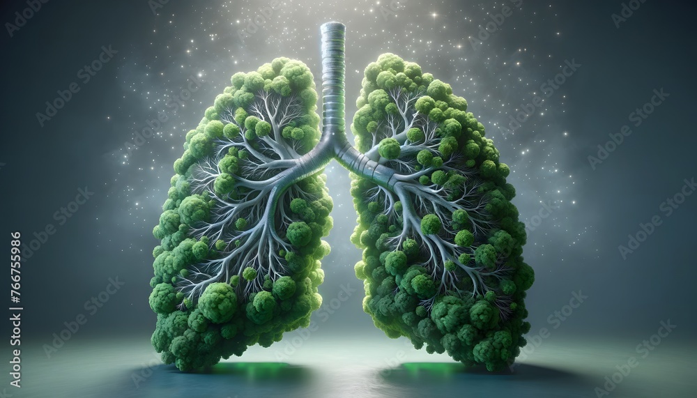 human lungs where the bronchi and alveoli are represented by tree ...