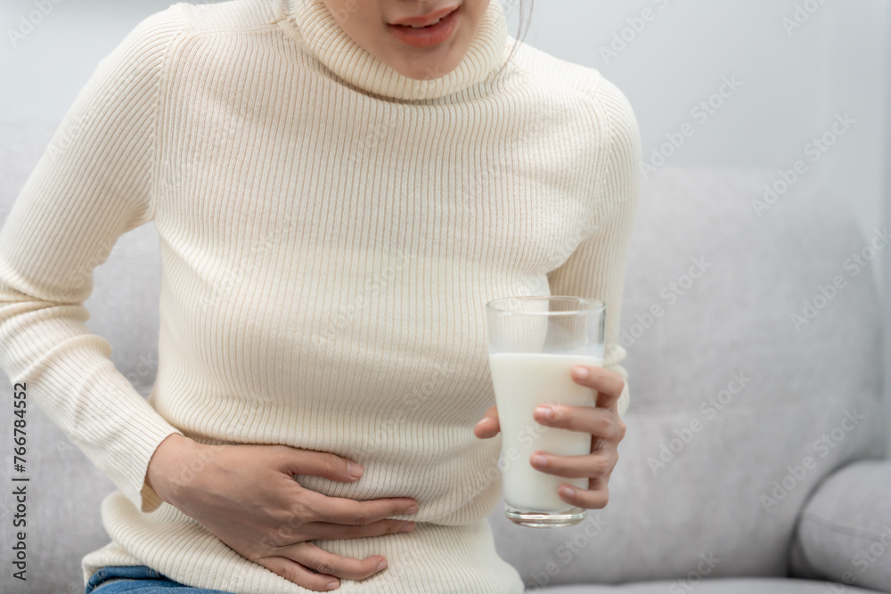 Milk allergens, Sick sad unhealthy ill allergic woman, runny stuffy ...