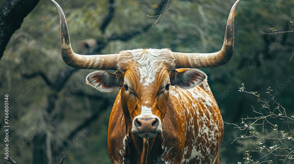 majestic african bull with big horns standing alone in the forest ...