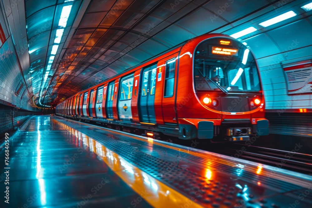 Red tube train in motion, captured perspective of someone standing on ...