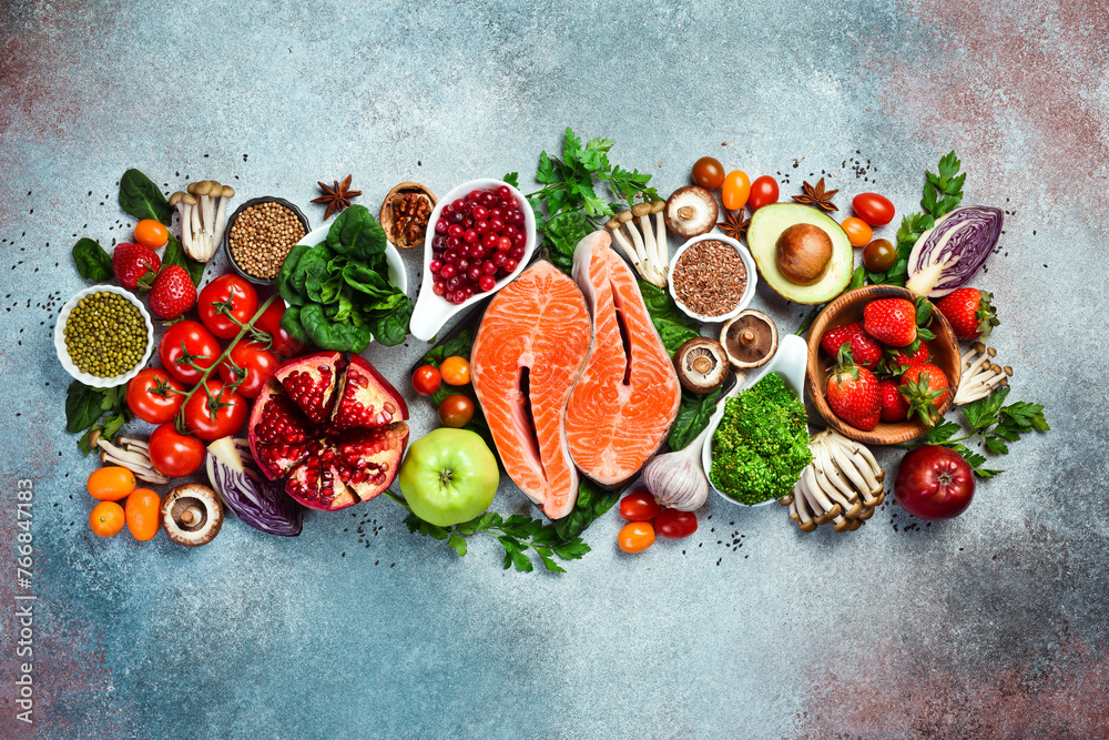 Balanced diet food background. Healthy food clean eating concept. Fish ...