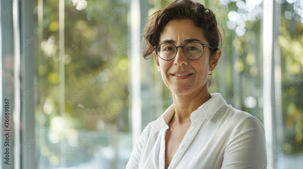 Beautiful 45 years old gentle brunette hispanic woman, wearing glasses ...