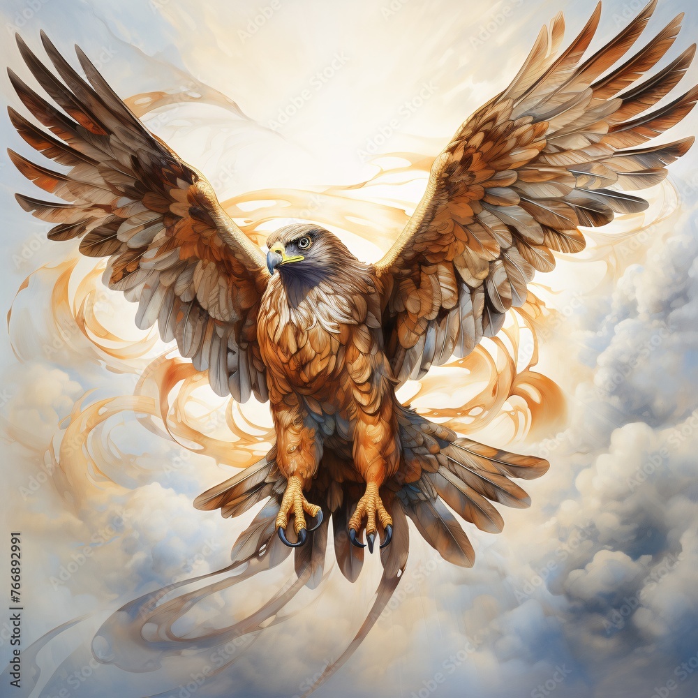 Street art graffiti mural of a majestic hawk soaring through a cloudy ...