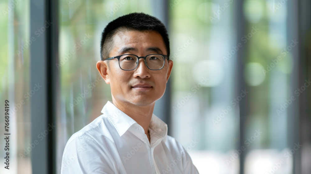 Handsome 45 years old gentle Chinese Han man, wearing glasses, formal ...