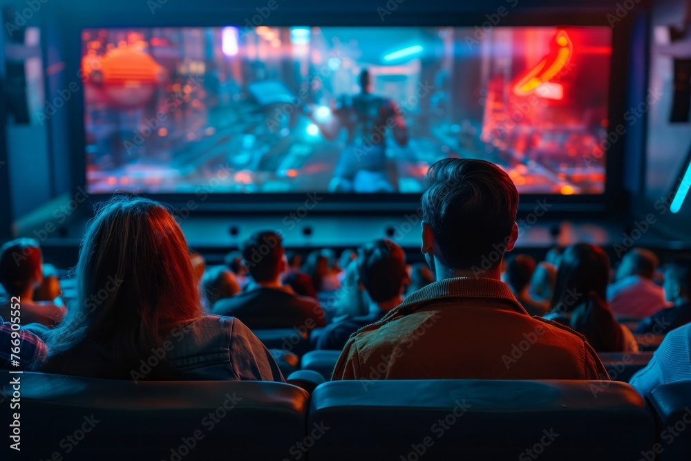 Group of people, view from the back, sitting in big cinema, watching an ...