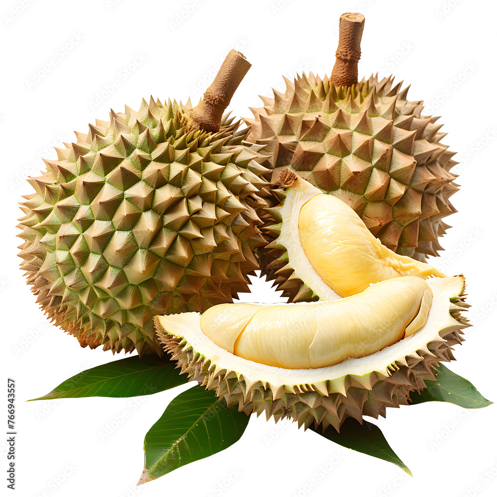 Durian fruit with cut in half and leaves isolated on Transparent ...