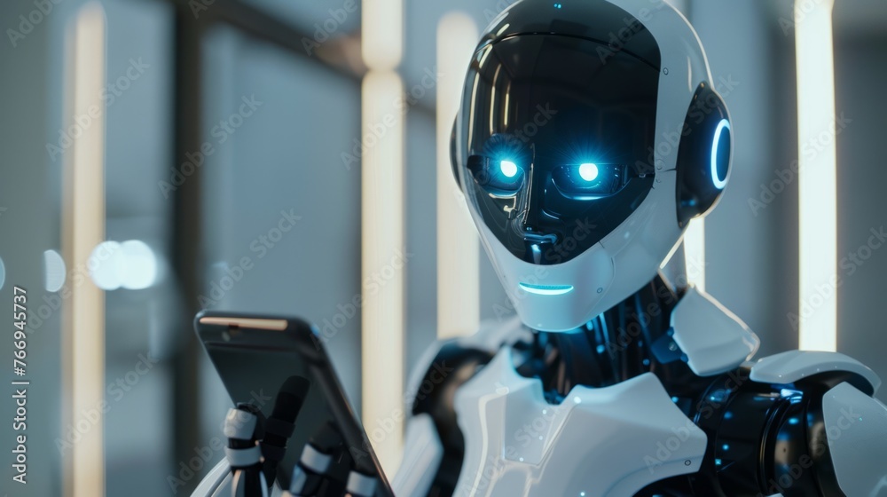 A futuristic 3D rendering of a mobile chatbot interface with a friendly robot assistant ready to ...