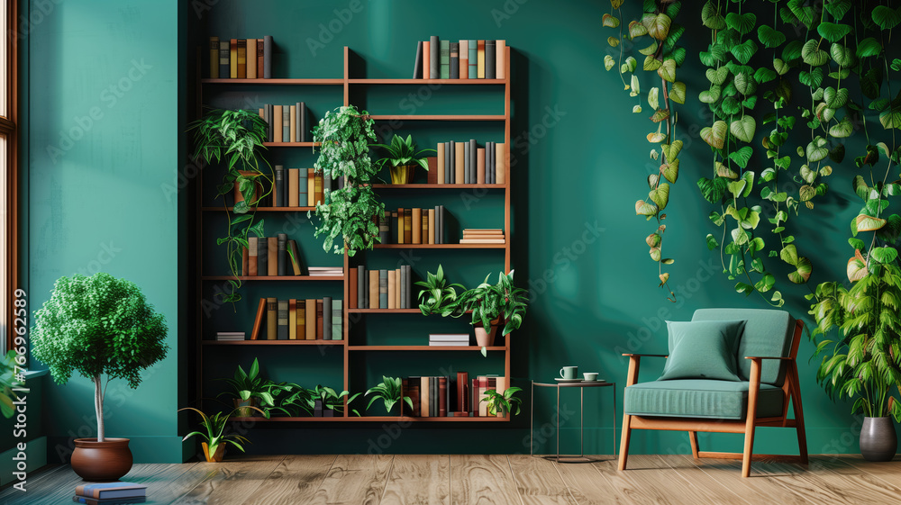 a contemporary style bookshelf adorned with plants that serves as a ...