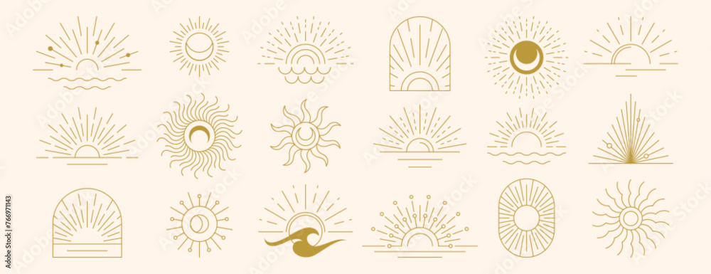 Vector set of linear boho moon, sunset and light rays. Hand drawn ...