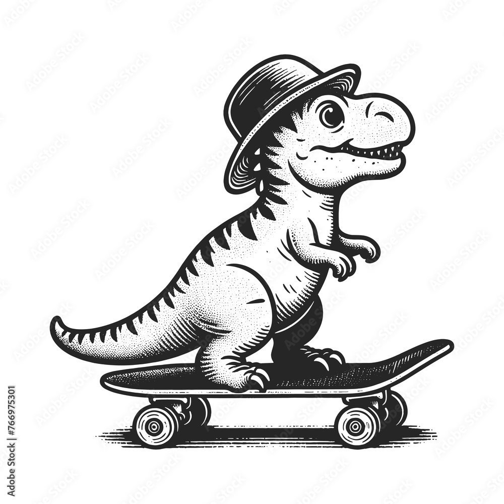 Cartoon dinosaur riding skateboard sketch engraving generative ai ...