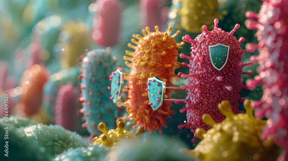 Create a 3D model of good bacteria characters holding shields ...