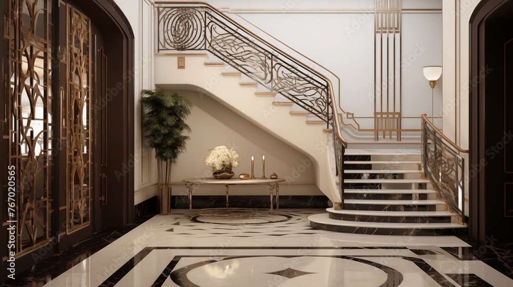 Art Deco jewel box entry with terrazzo floor patterns carved plaster ...