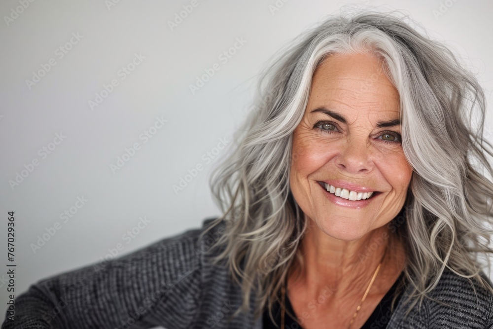 Portrait of a senior model woman with silver hair, her face lit up with ...
