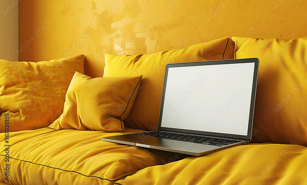 laptop mockup on an yellow sofa, white screen, close up, high ...