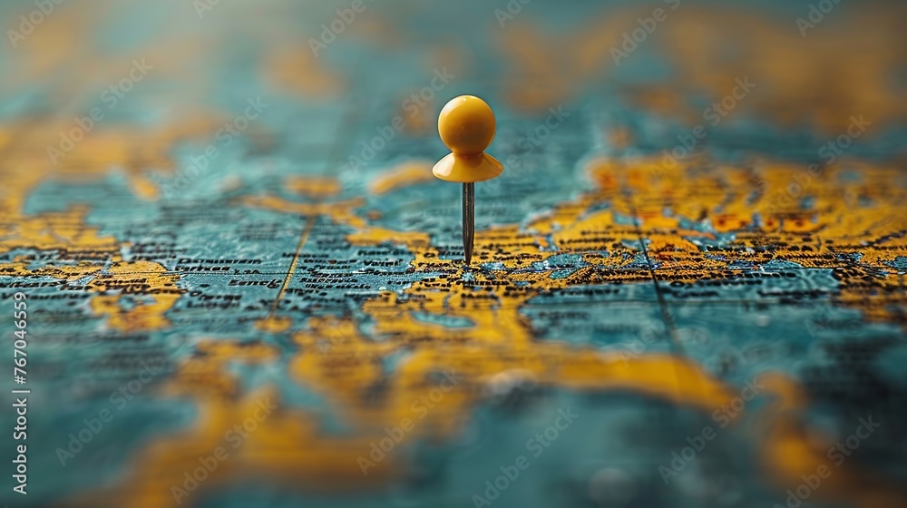 Draw-pin inserted into a real map, identifying the final destination ...