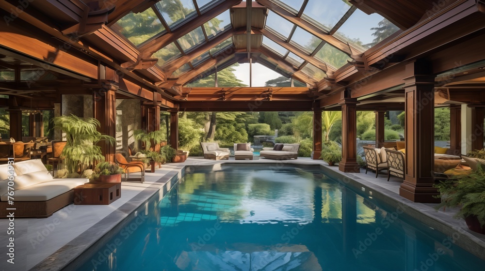 Foto de Stock Glass-enclosed cocktail pool pavilion with soaring ...