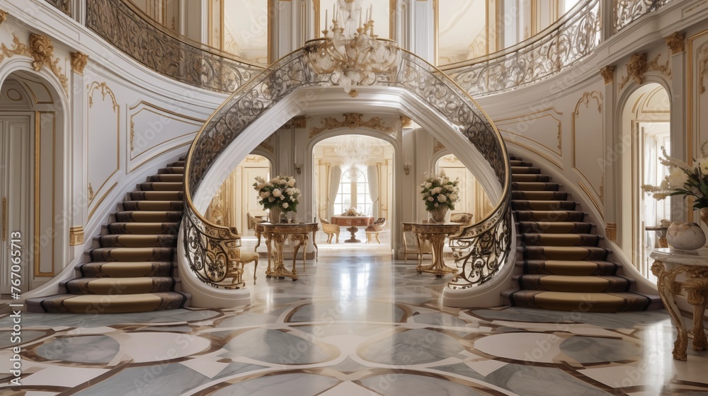 Grand double-height entrance hall of French chateau with curved twin ...