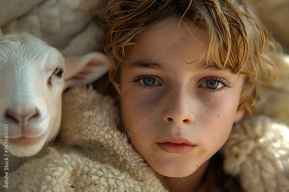 Portrait of a young child with curly hair amongst sheep. Conceptual ...