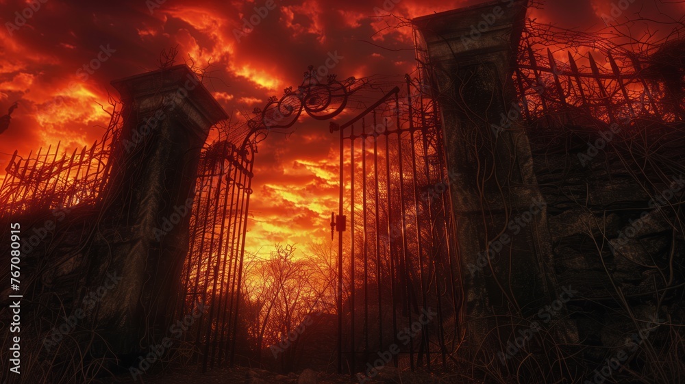 Gothic forged cemetery gate, resembling the gates of hell, on fiery red ...