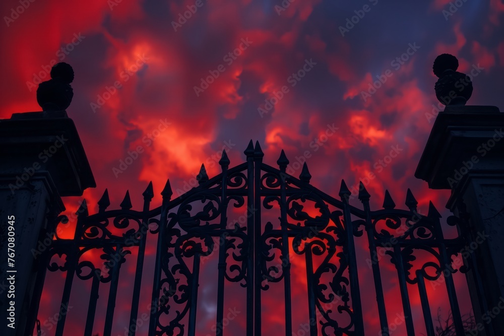 Gothic forged cemetery gate, resembling the gates of hell, on fiery red ...