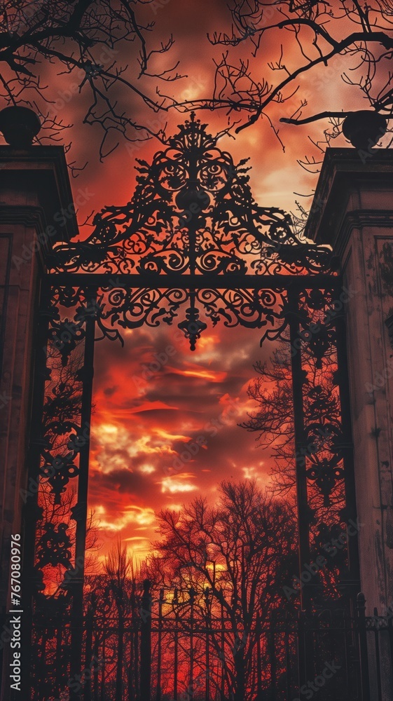 Gothic forged cemetery gate, resembling the gates of hell, on fiery red ...