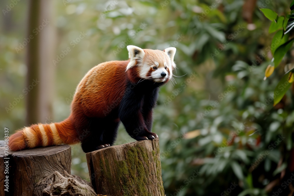 Red panda wandering around a devastated bamboo forest. Problem of ...
