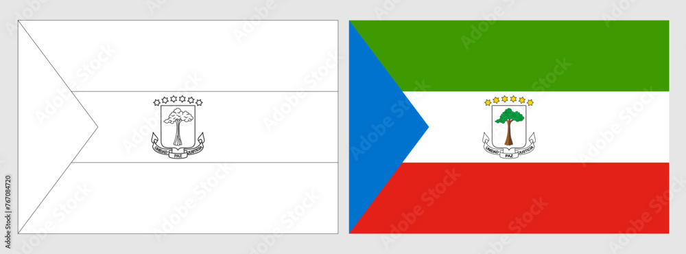 Equatorial Guinea flag - coloring page. Set of white wireframe thin ...