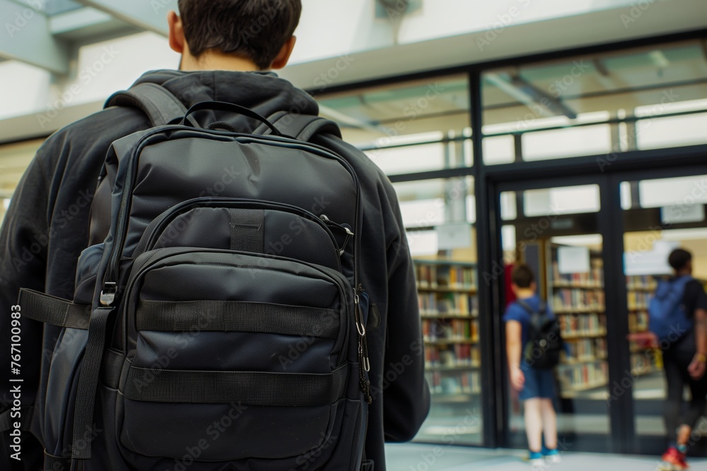 backpack hanging on shoulder of student at library entrance Stock Photo ...