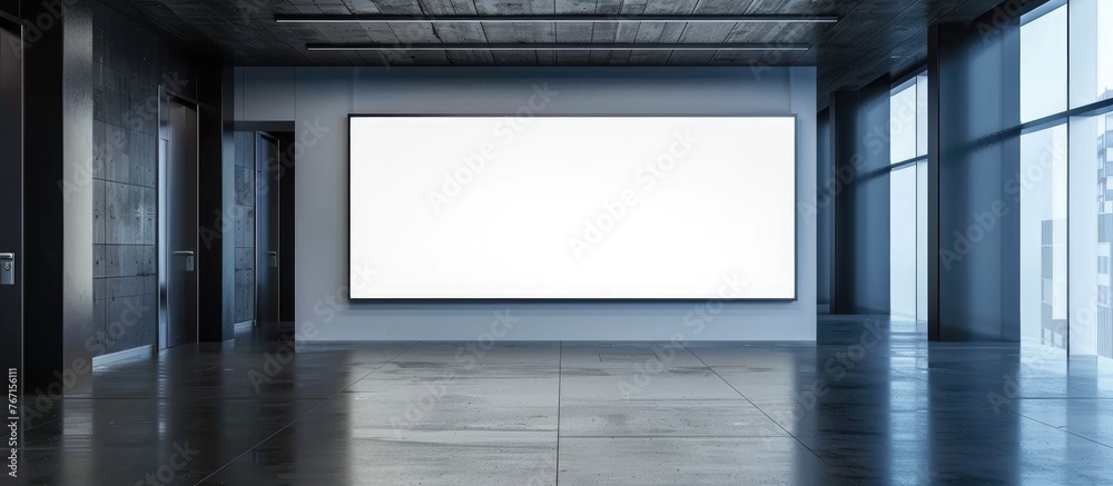 A modern panel with a blank white screen is displayed in an office ...