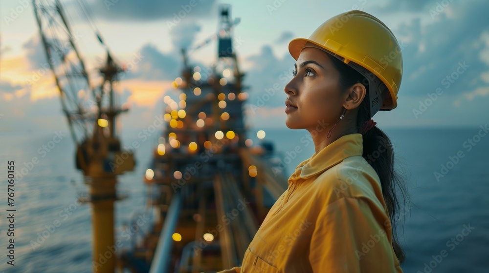 Stock-Foto „Oil rig worker, A capable woman working on an offshore oil ...