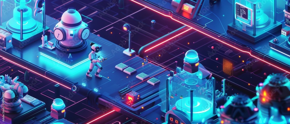 A 3D isometric tech lab in a futuristic setting, with neon accents and ...