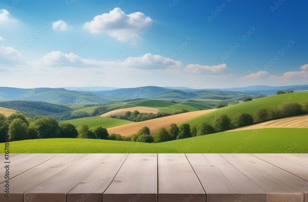 Empty wooden table, counter desk with blurred agricultural field ...