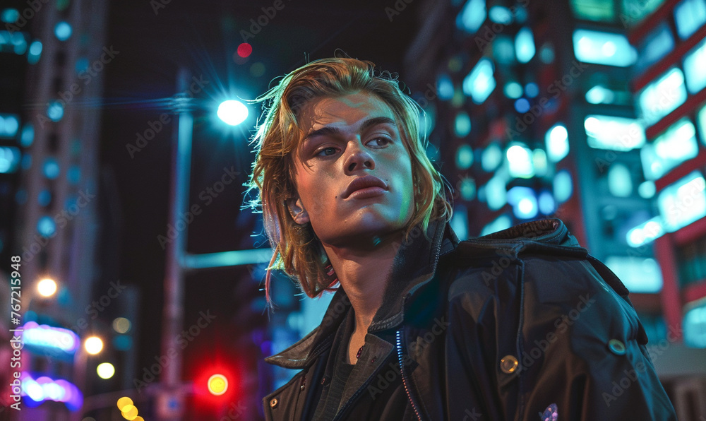 80s men model with blonde hair in y2k fashion style, background of city ...