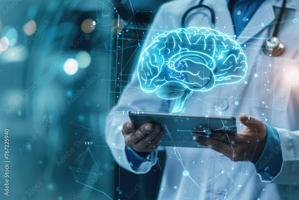 Medicine doctor with electronic medical record of human brain anatomy ...